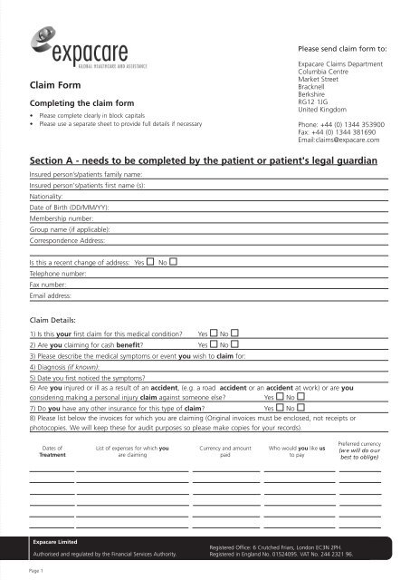 Claim Form Section A - needs to be completed by the ... - Expacare