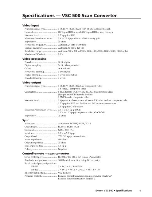 Specifications — VSC 500 Scan Converter