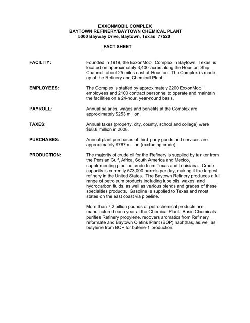 Baytown Complex Fact Sheet - ExxonMobil