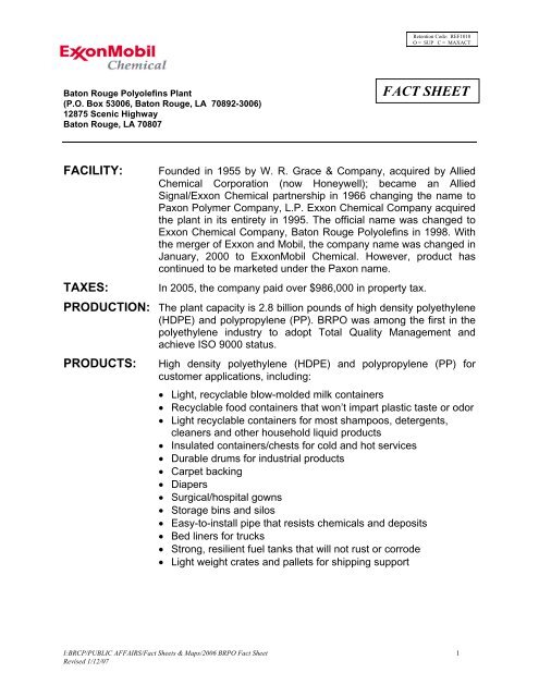Baton Rouge Polyolefins Plant - ExxonMobil