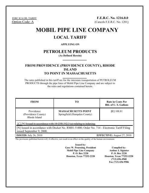 mobil pipe line company local tariff - ExxonMobil
