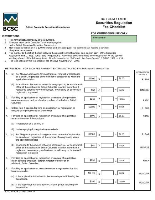 Fee Checklist 11-901F - British Columbia Securities Commission