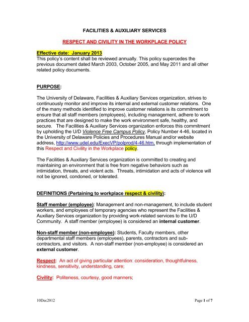 Respect and Civility in the Workplace Policy - University of Delaware ...