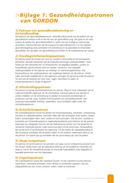 Bijlage 1: Gezondheidspatronen van Gordon - Factor-E