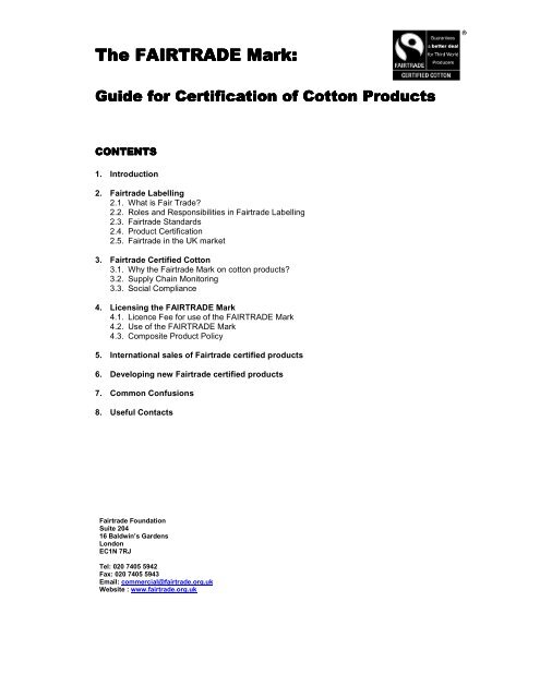 Guide for the certification of cotton products - The Fairtrade Foundation