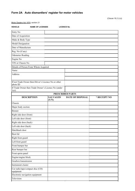 Form 2A Auto dismantlers' register for motor ... - NSW Fair Trading
