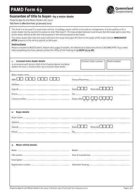 PAMD Form 63 - Guarantee of title to buyer (by a motor dealer)