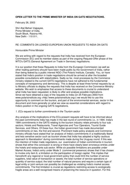 Open Letter To The Prime Minister Of India On Gats Fairunterwegs
