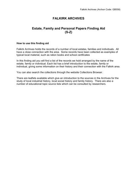 Estate, Family and Personal Papers Finding Aid - Falkirk Community ...