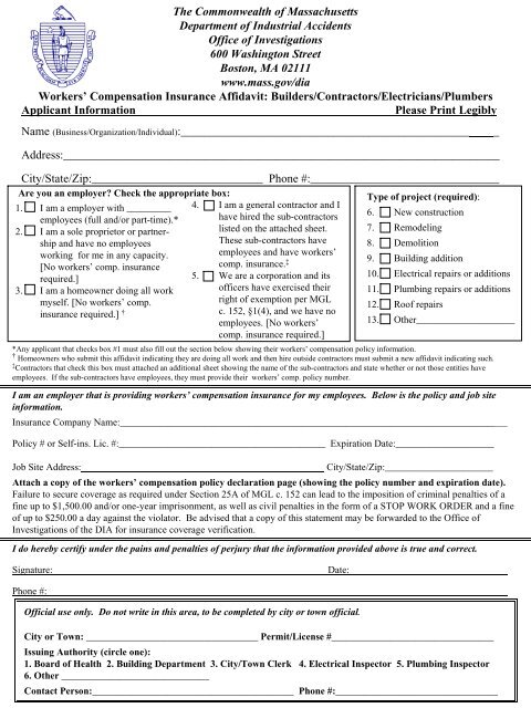 Workers Compensation Insurance Affidavit Mass Gov