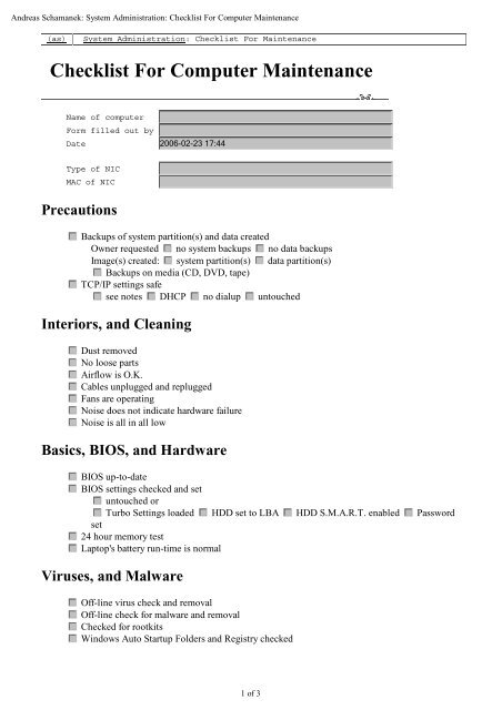 22 Computer Maintenance Checklist Form Excel Templates Excel Templates
