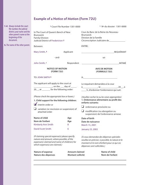 Example of a Notice of Motion (Form 72U) - Droit de la famille NB