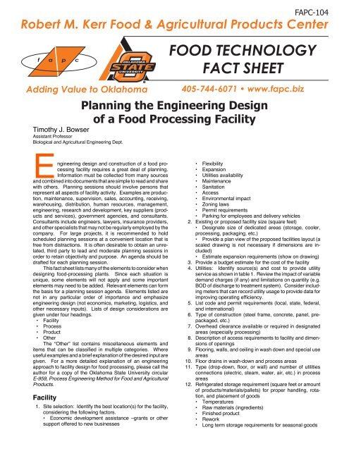 Planning the Engineering Design of a Food Processing Facility