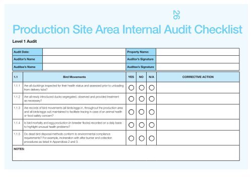 Production Site Area Internal Audit Checklist - Farm Biosecurity