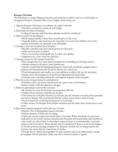 Banquet Checklist - FarmHouse Fraternity