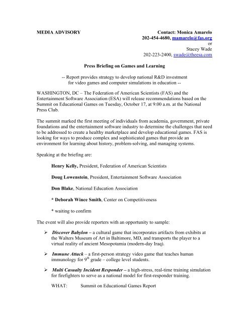 MEDIA ADVISORY Contact: Monica Amarelo 202-454-4680 ...