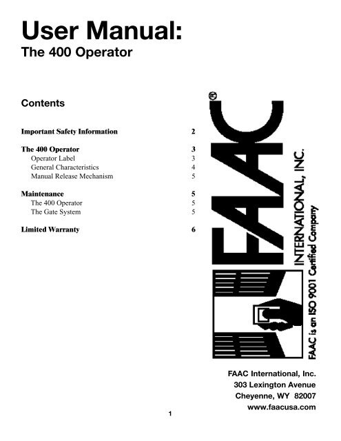FAAC-400 User Manual - Anchor Fence Wholesalers