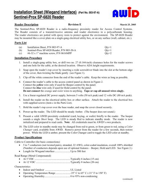 AWID SP-6820 Manual - Fast Access Security Corp.