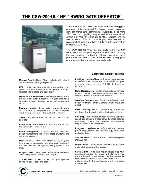 Elite CSW200 Specs - Fast Access Security Corp.
