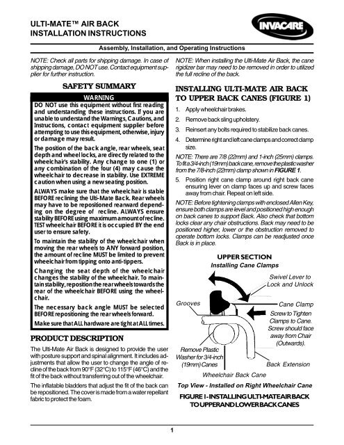ulti-mate™ air back installation instructions safety ... - Invacare