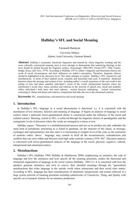 Halliday's SFL and Social Meaning - ipedr