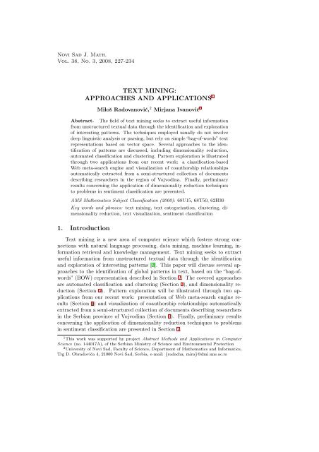 Text Mining Approaches And Applications Research Institute For