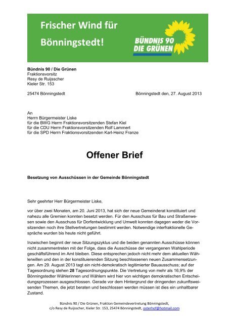 offener Brief der GRÜNEN an Bgm. Liske, 27.08.2013