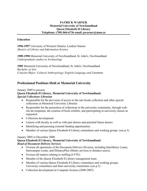 Curriculum Vitae - Libraries - Memorial University of Newfoundland