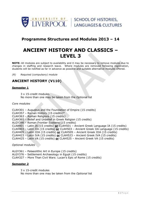 ANCIENT HISTORY AND CLASSICS – LEVEL 3