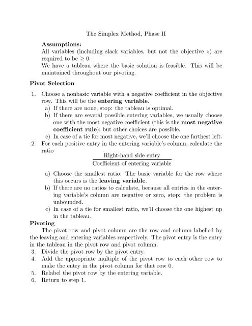 The Simplex Method, Phase II Assumptions: All variables (including ...