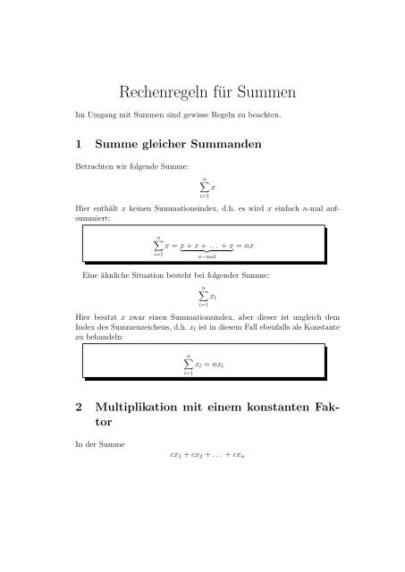Rechenregeln für Summen - Mathe Online