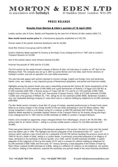 PRESS RELEASE - Morton & Eden