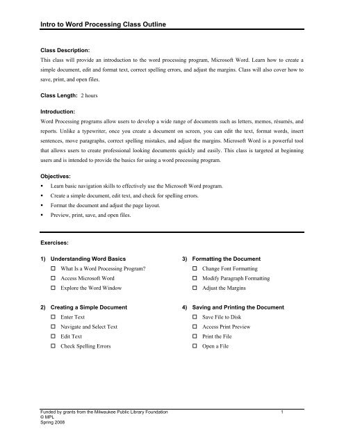 Intro to Word Processing Class Outline - Milwaukee Public Library