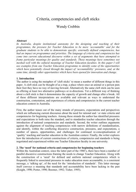 Criteria, competencies and cleft sticks - NIED