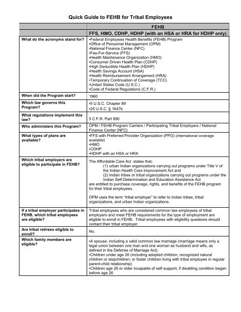 Quick Guide to FEHB for Tribal Employees - Office of Personnel ...