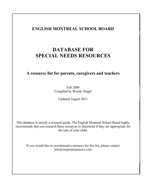 database for special needs resources - English Montreal School Board
