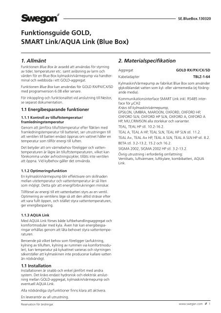 Funktionsguide GOLD, SMART Link/AQUA Link (Blue Box) - Swegon