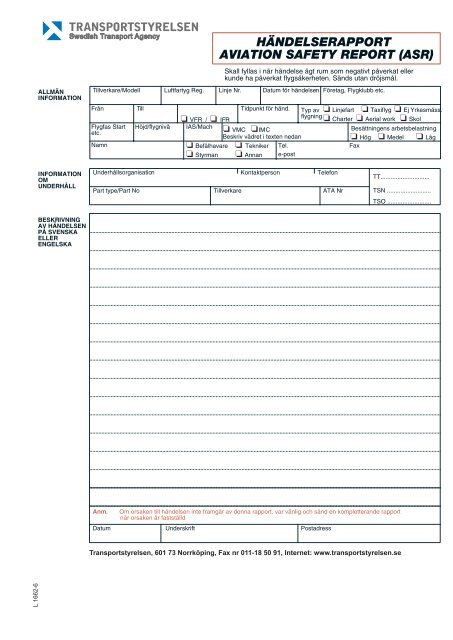 händelserapport aviation safety report (asr) - Transportstyrelsen