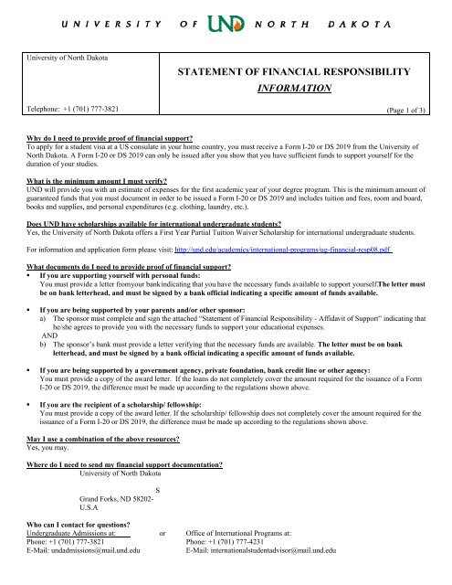 Statement of Financial Responsibility - University of North Dakota