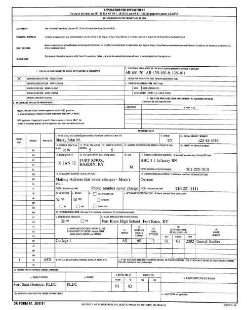 Example DA 61 - USAREC - U.S. Army