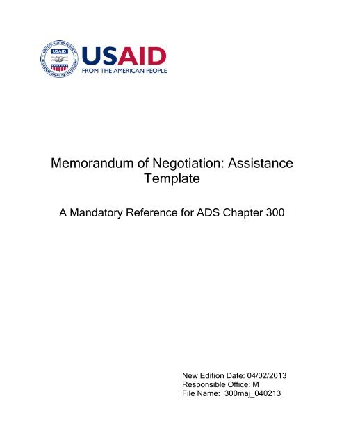 Memorandum of Negotiation: Assistance Template - usaid
