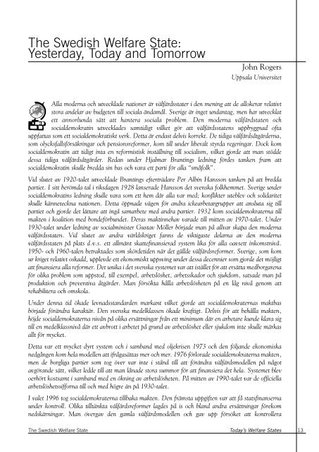 The Swedish Welfare State: Yesterday, Today and Tomorrow