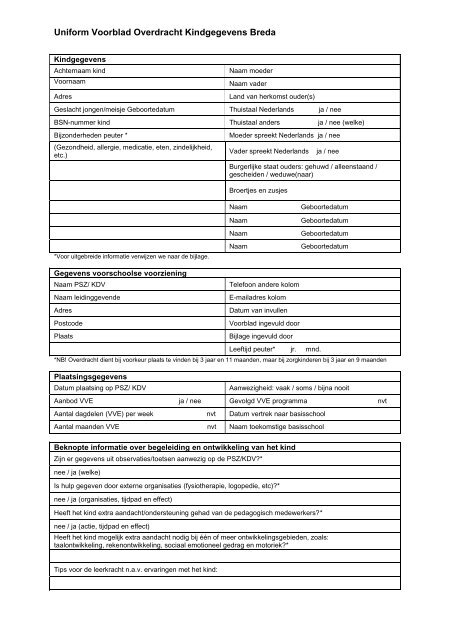 Uniform Voorblad Overdracht Kindgegevens Amsterdam