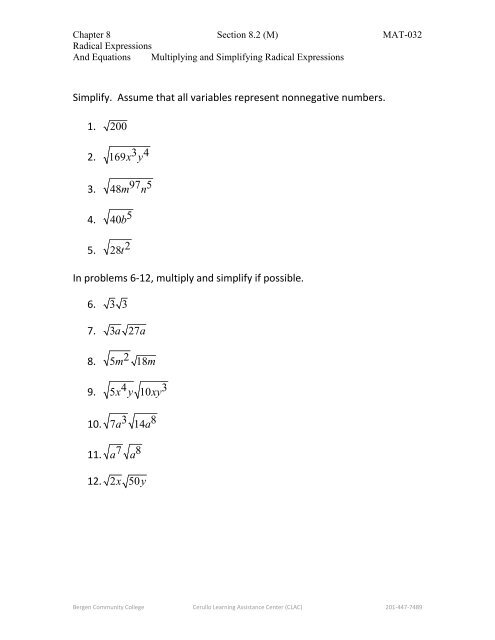 Simplify. Assume that all variables represent nonnegative numbers ... Simplify. Assume that all variables represent nonnegative numbers ...