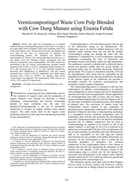 Vermicompostingof Waste Corn Pulp Blended with Cow Dung ...