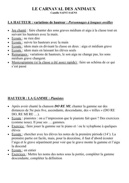 Saint-Saens, Le carnaval des animaux. Fiche prof