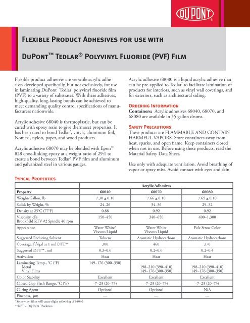 Flexible Product Adhesives for use with DuPont™ Tedlar® Polyvinyl ...