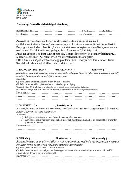 Skattningsformulär vid utvidgad utredning Barnets namn ...