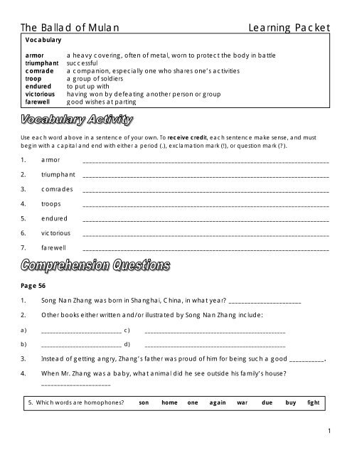 The ballad of mulan learning packet - mrs. kerper's