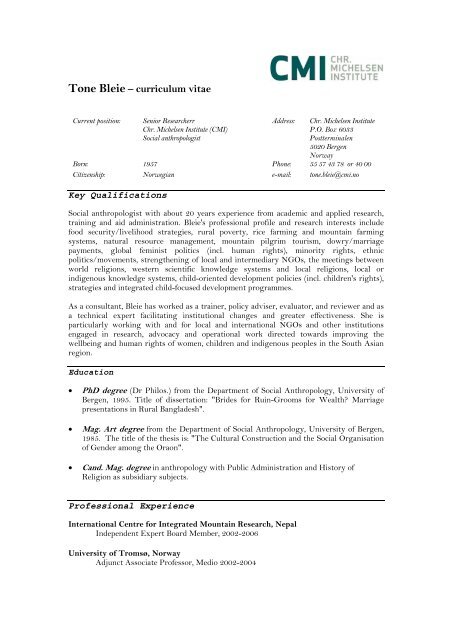 Tone Bleie – curriculum vitae - CMI